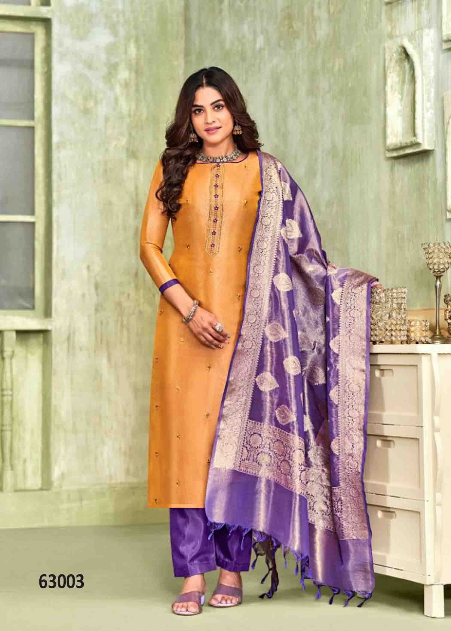 Vishnu Begum - 63003 Mustard Color Shimmer Tissue Salwar Material ...