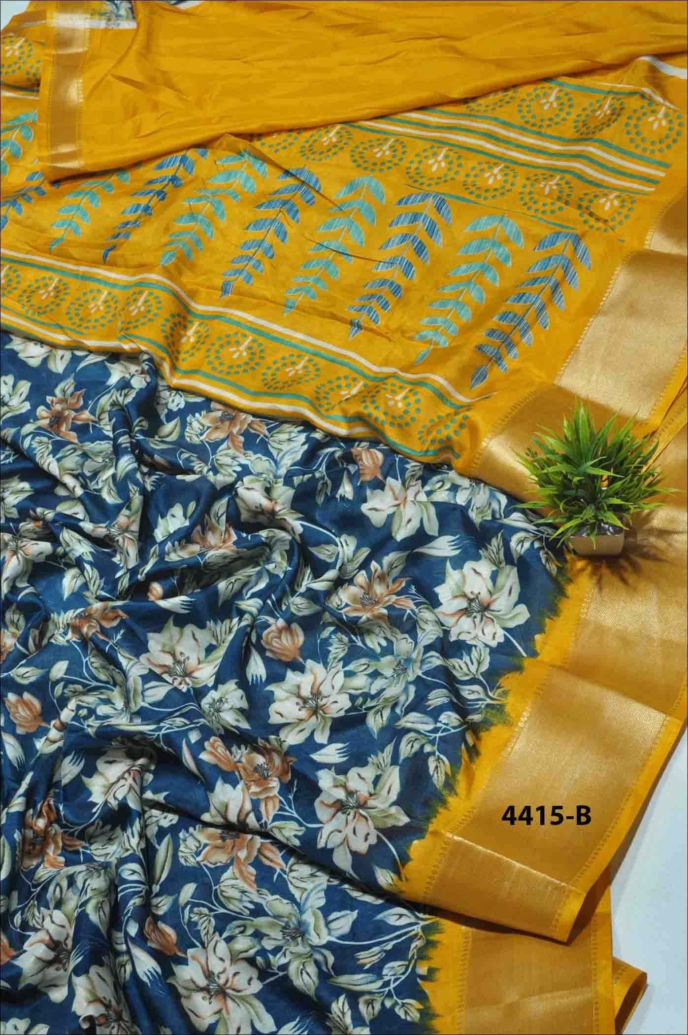 Iniya - 4415-B Space Peacock Blue Color Flower Design Dola Silk Saree ...