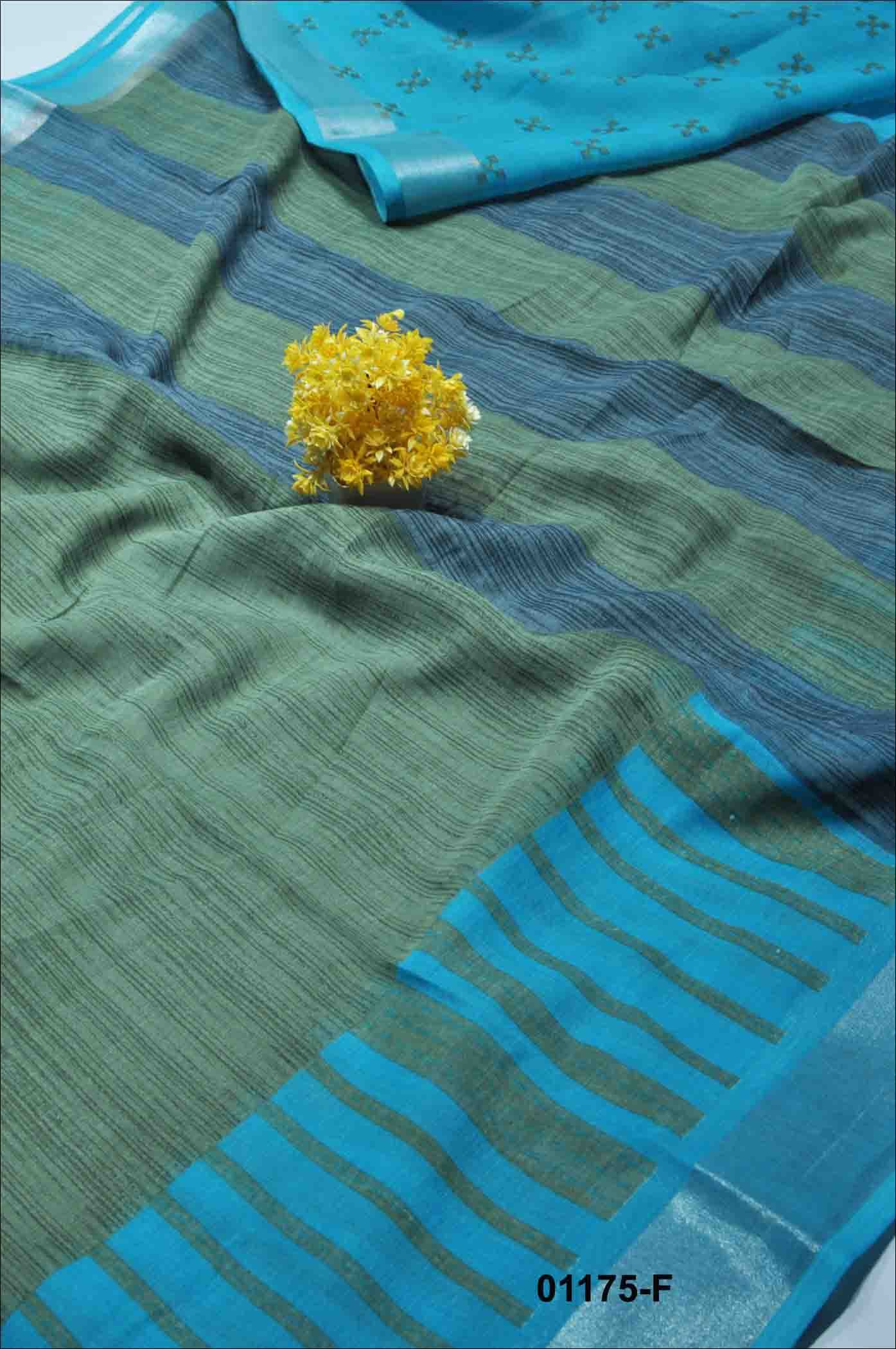 Bhavana - 01175-F Basil Green Color Plain Linen Cotton Saree CM1150052 ...