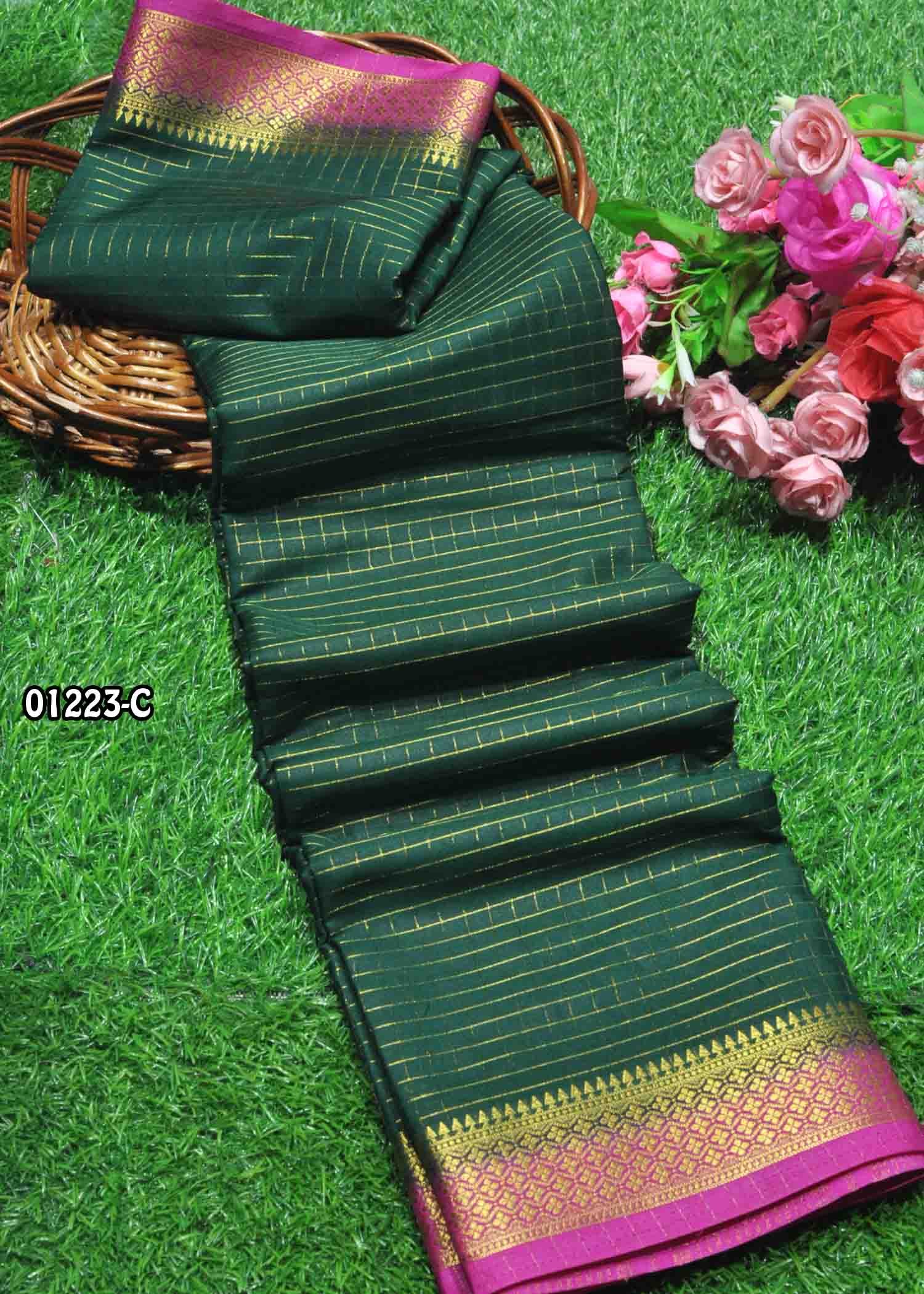 Ezhil-01223-C DarkGreen Color Traditional Wear Checked Crepe Silk Saree ...