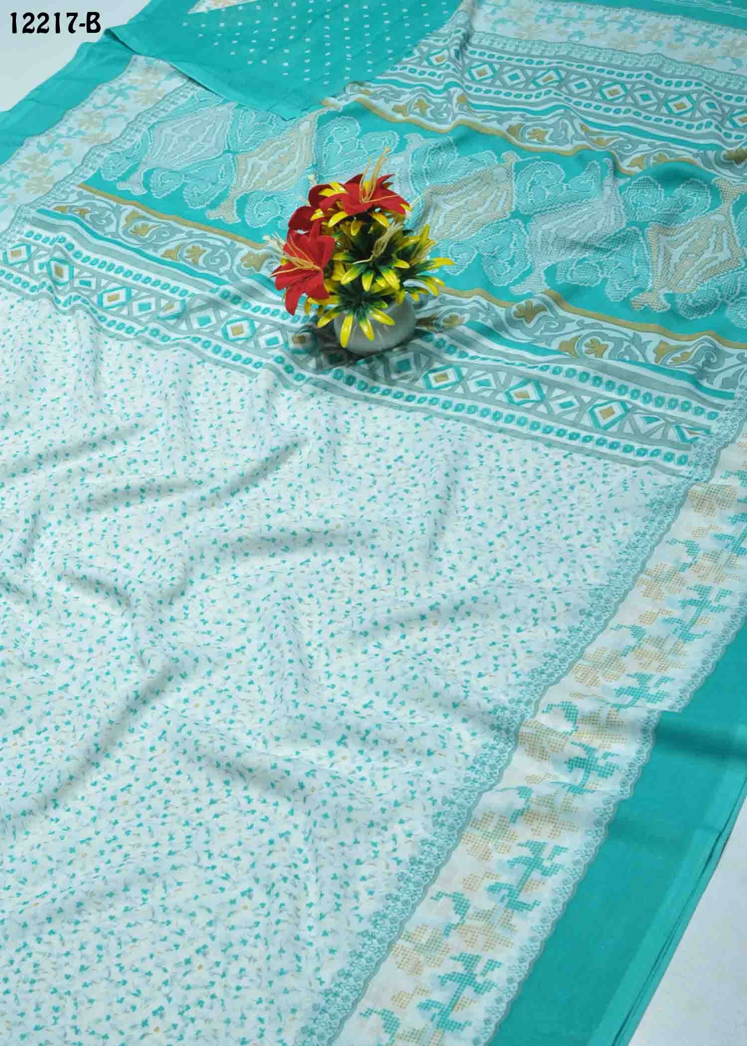 Idhaya -12217-B White With Cyan Color Fancy Soft Synthetic Saree ...